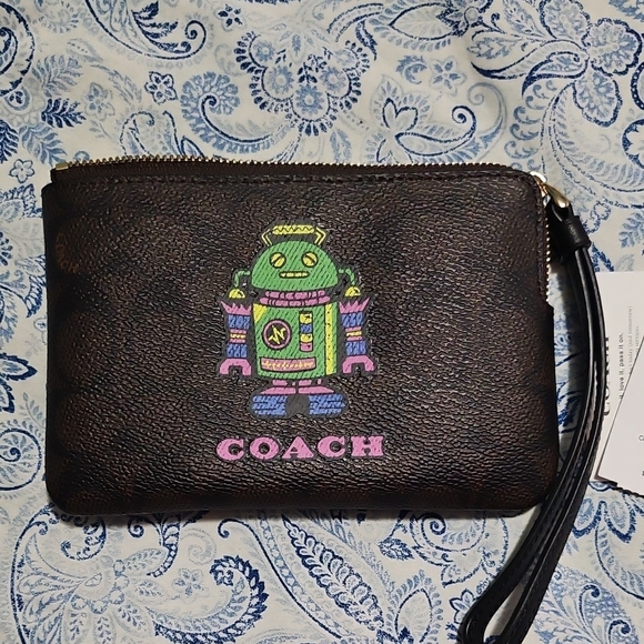 Coach | Bags | Coach Dark Brown Wristlet With Colorful Robot | Poshmark